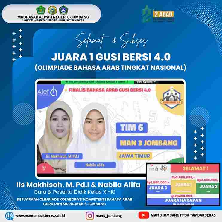 Unggul Cerdas Cermat Babak Final, Guru dan Peserta Didik MAN 3 Jombang Juara 1 GUSI BERSI 4.0 ...
